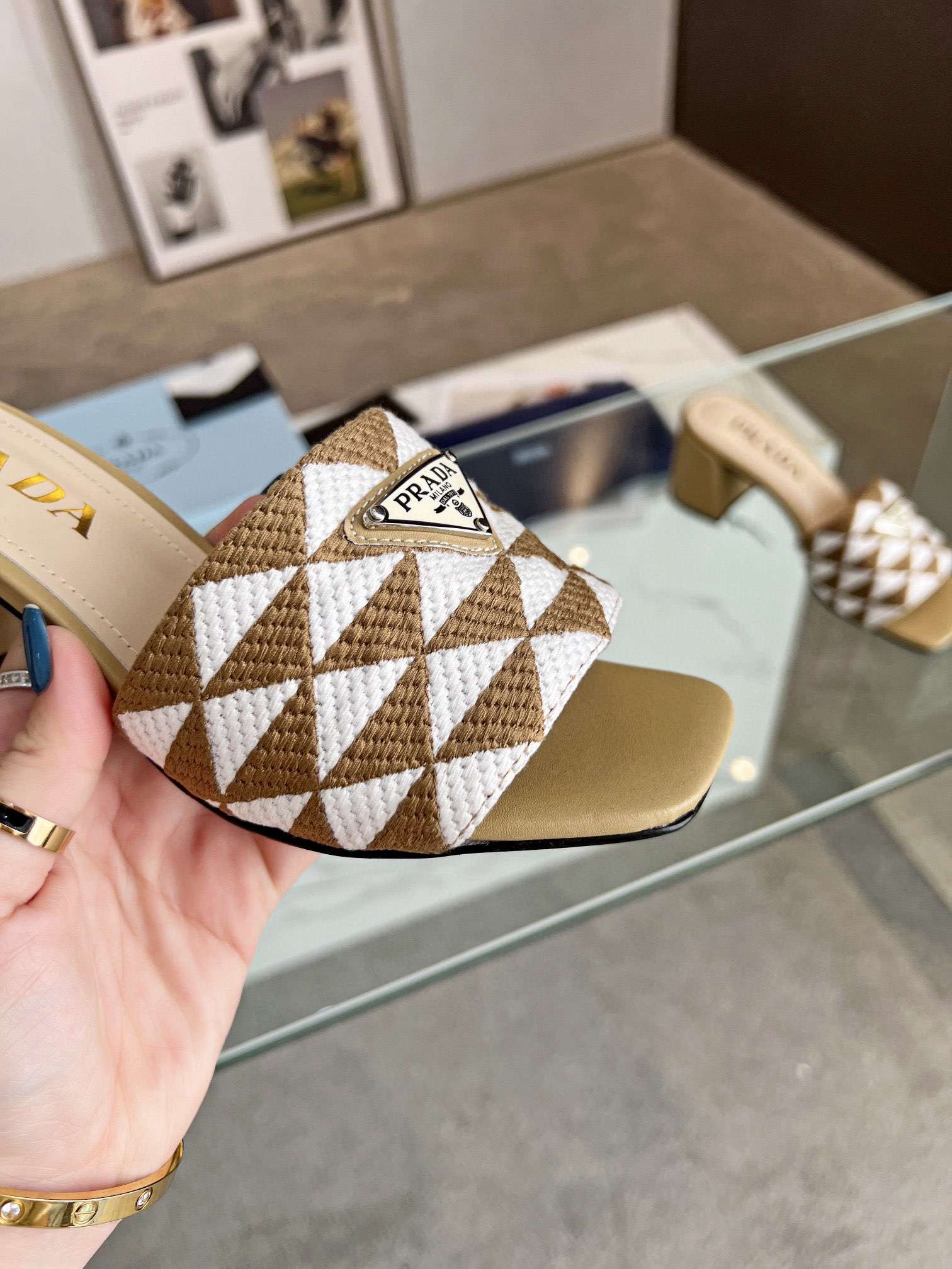 Prada Triangle Slip-On Sandals Brown For Women - Dealiax