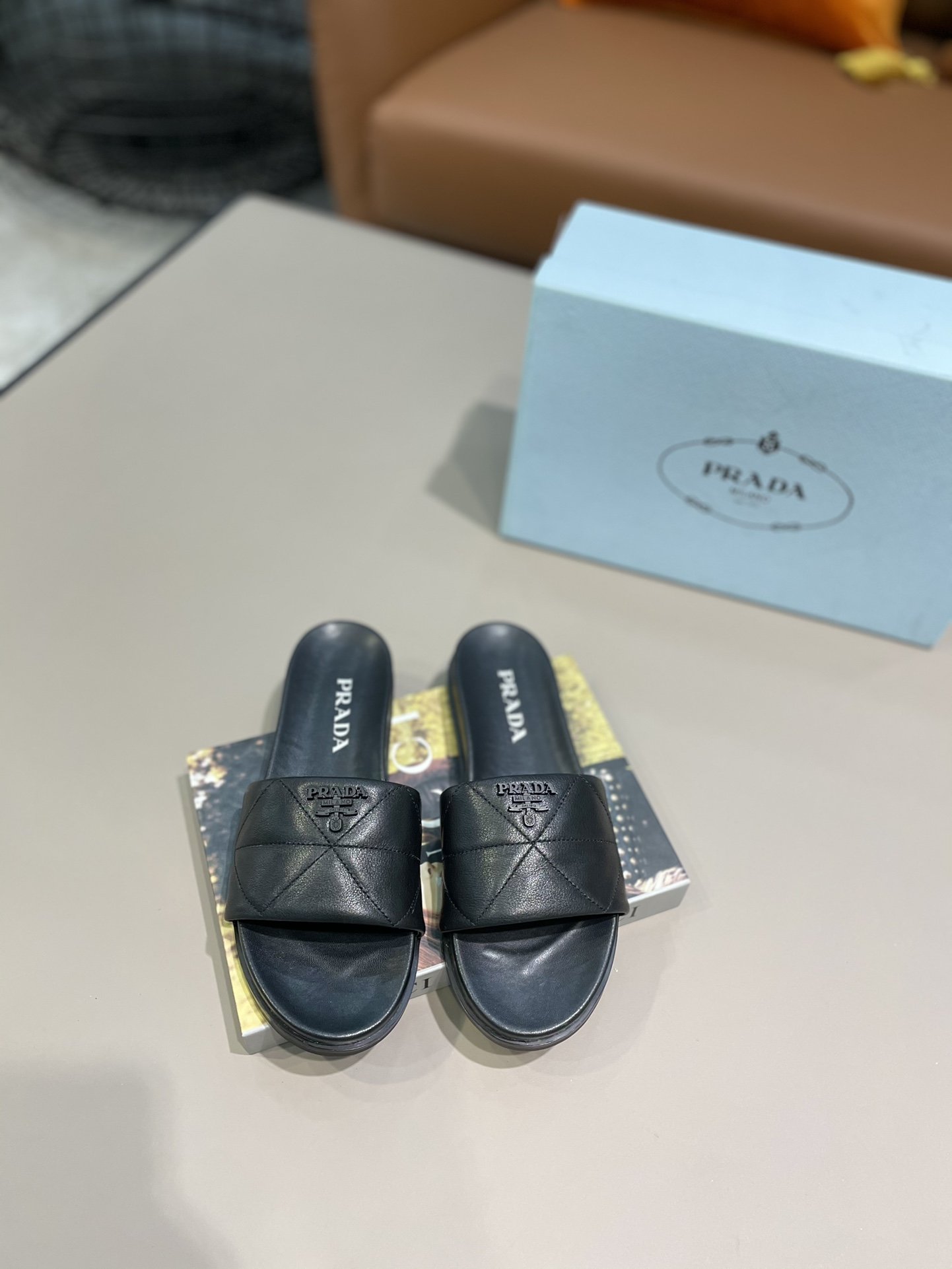 Prada Embossed Logo Quilted Slides Black For Women PRD - Dealiax