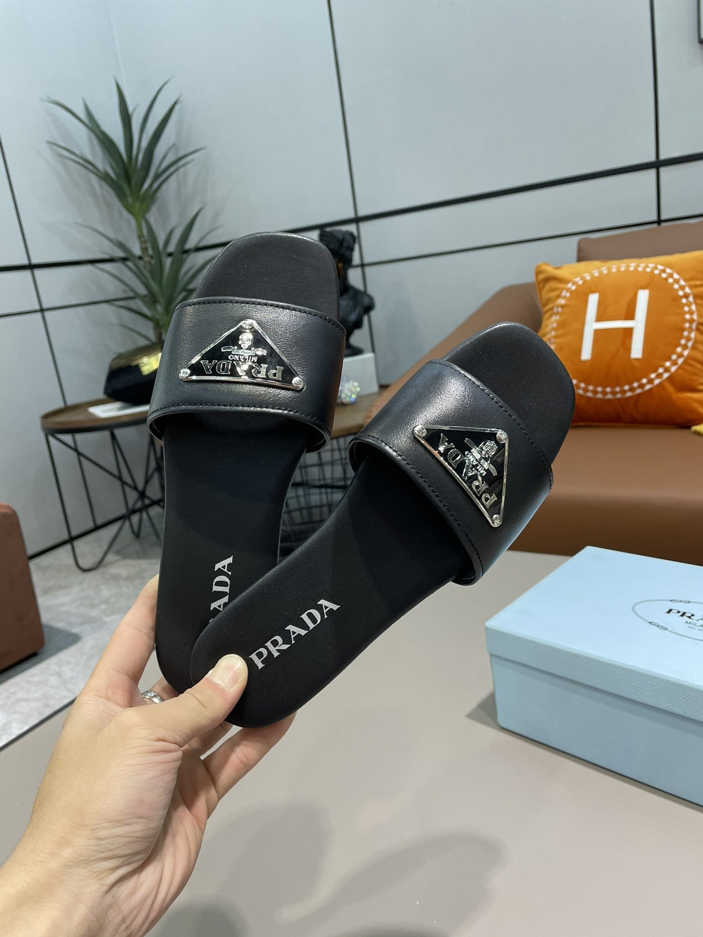 Prada Saffiano Slides Black For Women 0.4in/10mm PRD 1XX627_053_F0002_F ...