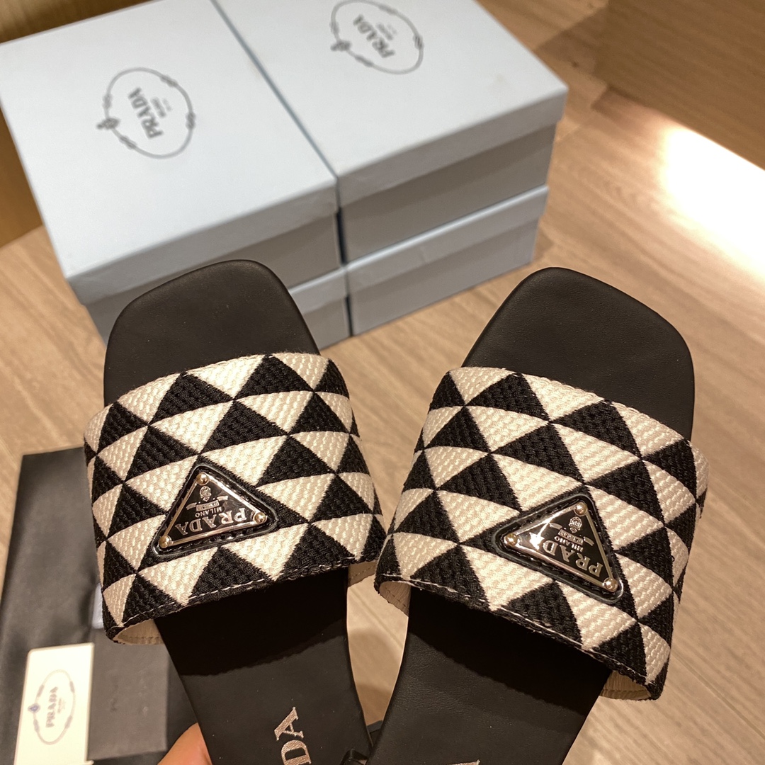 Prada Embroidered Fabric Slides Black/White For Women 0.4in/10mm PRD ...