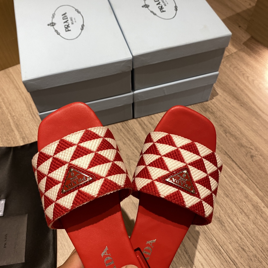 Prada Embroidered Fabric Slides White/Red For Women 0.4in/10mm PRD ...